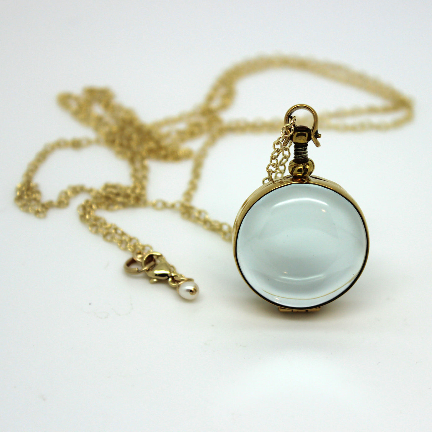 Glass Locket with labradorite chain, pearl chain, silver and gold chain ...