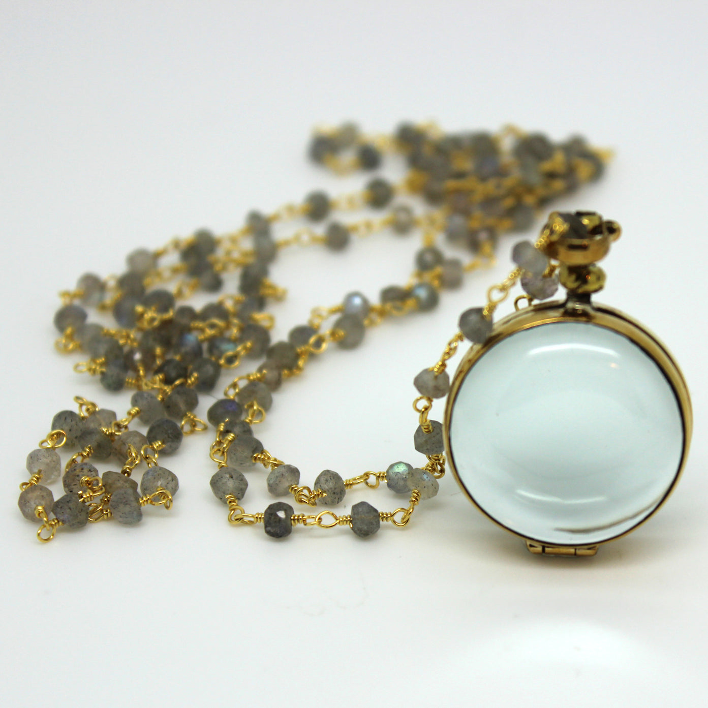 Glass Locket with labradorite chain, pearl chain, silver and gold chain ...