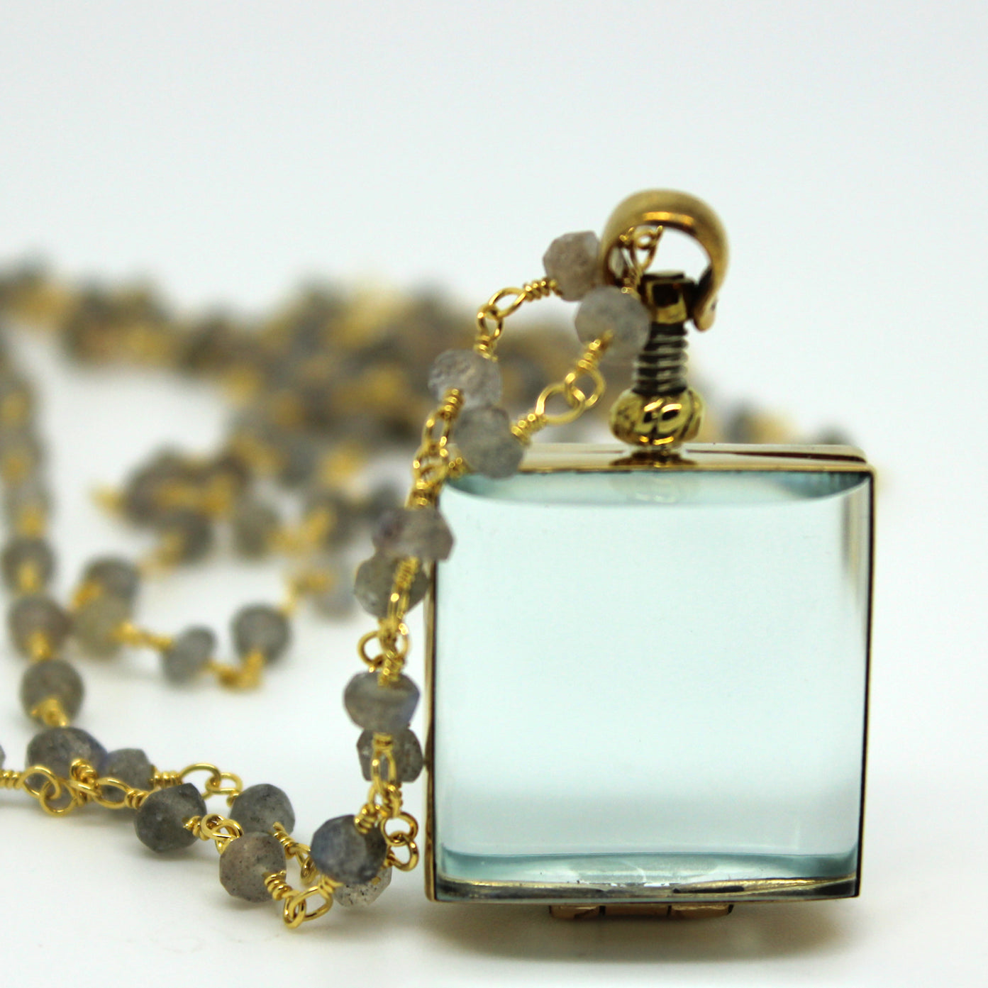 Glass Locket with labradorite chain, pearl chain, silver and gold chain ...