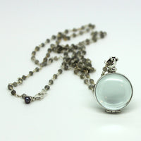 Glass Locket with labradorite chain, pearl chain, silver and gold chain ...