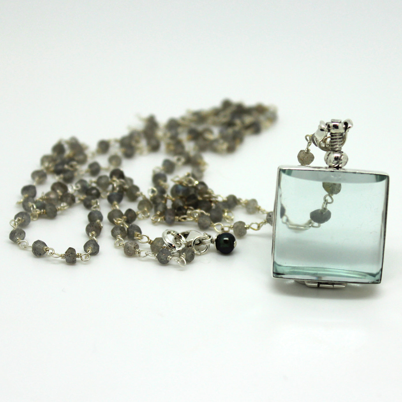 Glass Locket with labradorite chain, pearl chain, silver and gold chain ...
