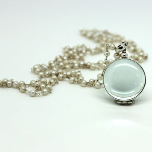 Glass Locket with labradorite chain, pearl chain, silver and gold chain ...